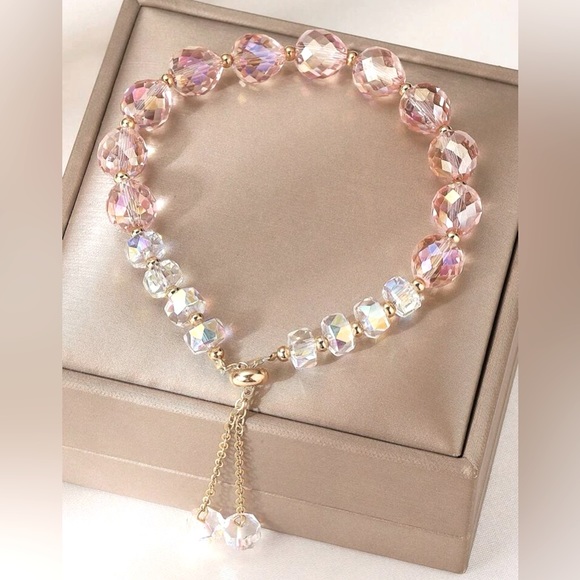 Jewelry | Light Pink And Clear Rhinestone Iridescent Beaded Adjustable ...